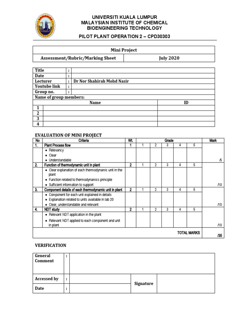 Rubric - Mini Project Pilot Plant Operation 2 - July2020 | PDF | Business