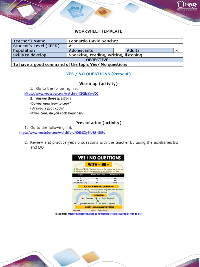 Developing Yes/No Questions: A Worksheet for Adults to Practice Present ...