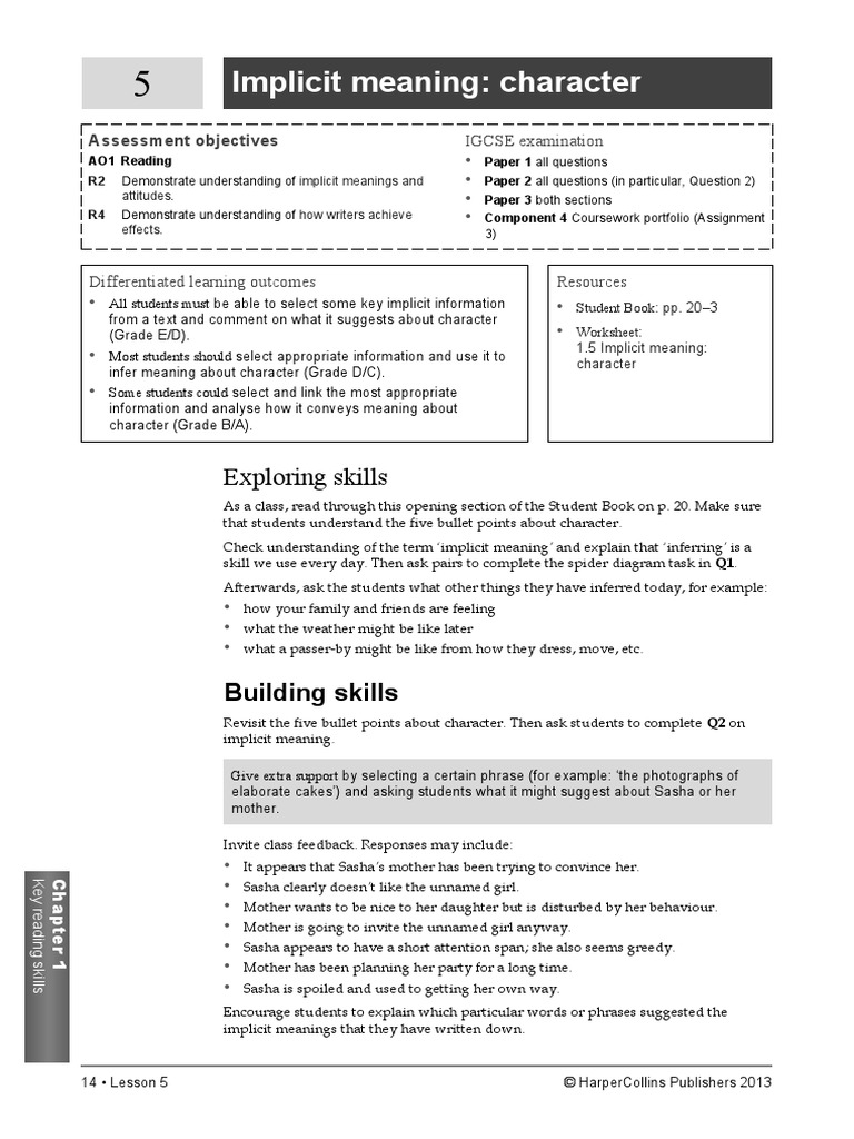 Implicit Meaning: Character: Exploring Skills | PDF | Great ...