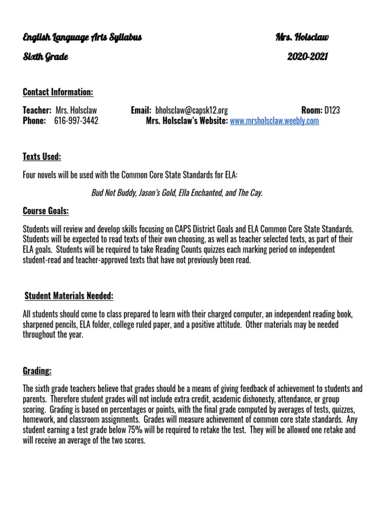 English Language Arts Syllabus Mrs Holsclaw Sixth Grade 2020 2021 
