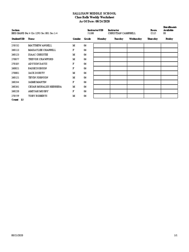 Class Rolls Weekly Worksheet for Beginning Band at Sallisaw Middle ...