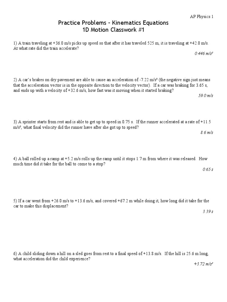 Practice Problems - Kinematics Equations 1D Motion Classwork #1 | PDF