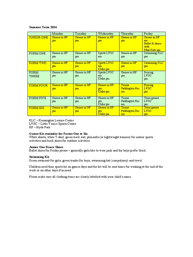 Games Time Table | PDF | Clothing | Softlines (Retail)