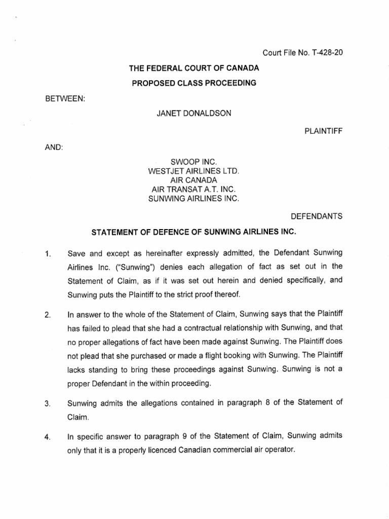 Sunwing Airlines Class Action Defense | PDF | Cause Of Action ...
