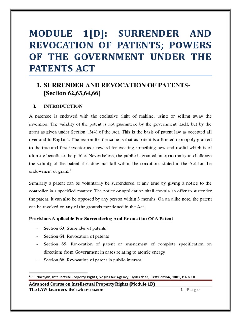 Module 1 (D) Surrender and Revocation of Patents - Powers of The ...