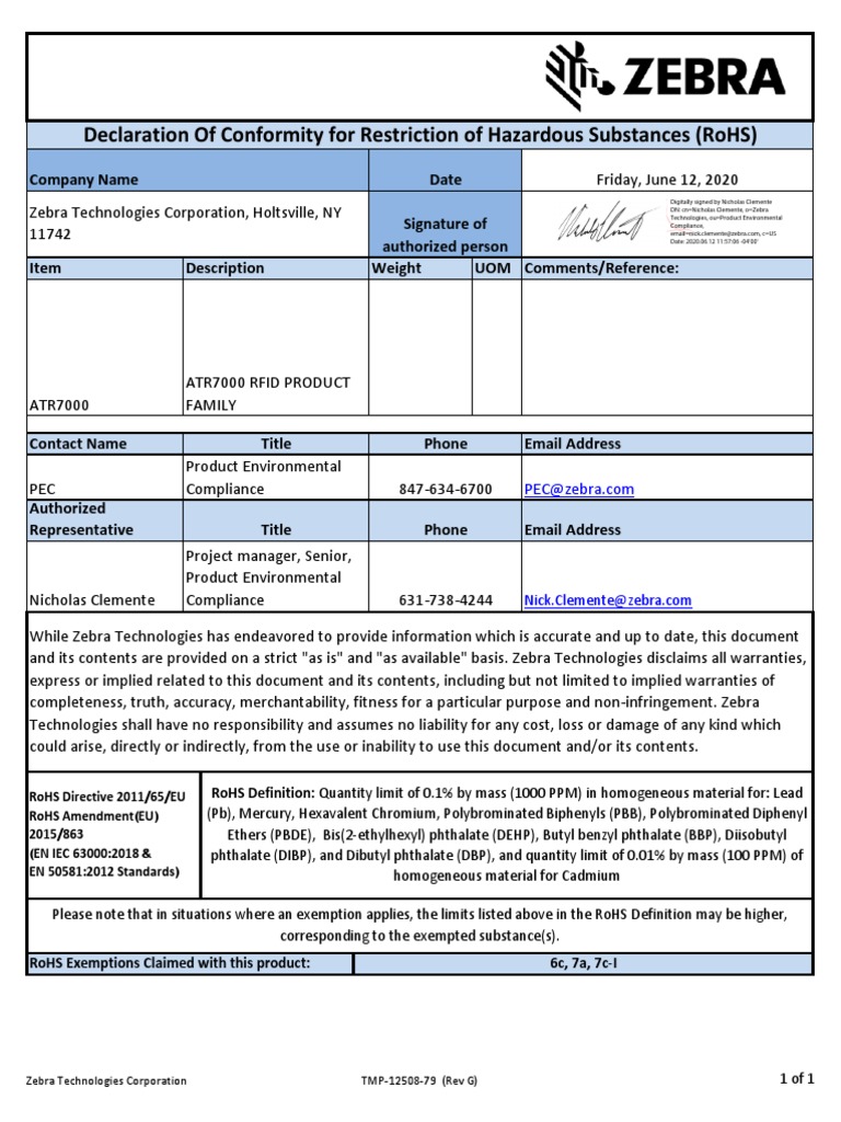 Declaration of Conformity For Restriction of Hazardous Substances (Rohs) | PDF | Environmental ...