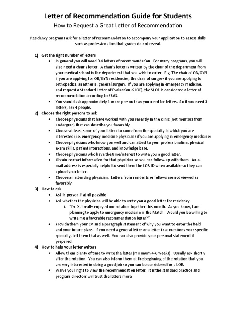 LOR Guide For Students | PDF | Residency (Medicine) | Physician