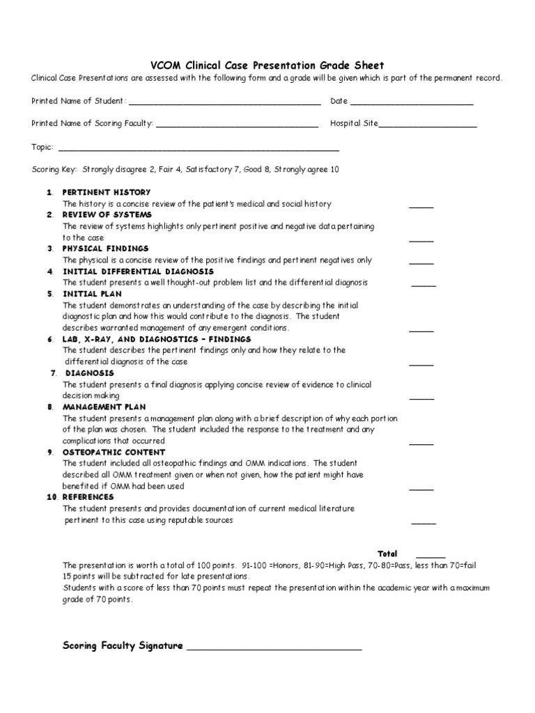 Clinical Case Presentation - Score - Sheet | PDF | Differential ...
