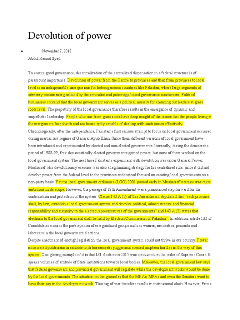 Devolution of Power | PDF | Devolution | Government Of Pakistan