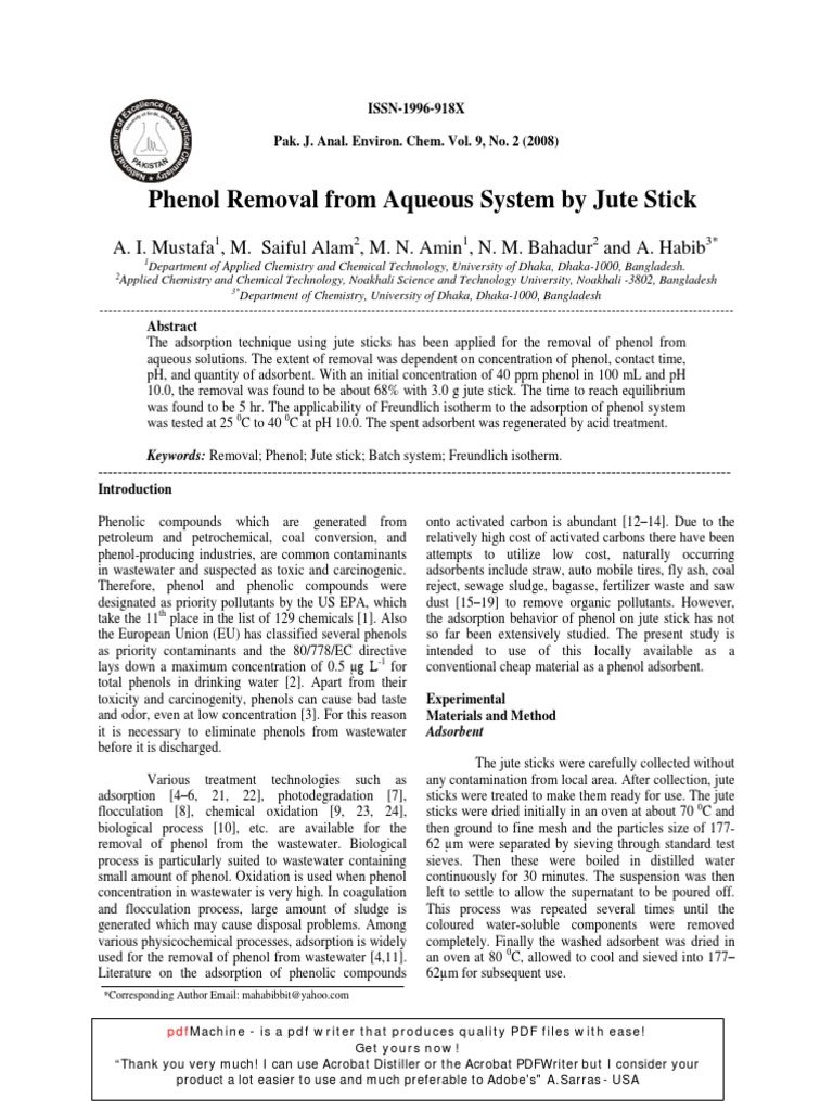 Phenol Removal From Aqueous System by Jute Stick | PDF | Adsorption ...