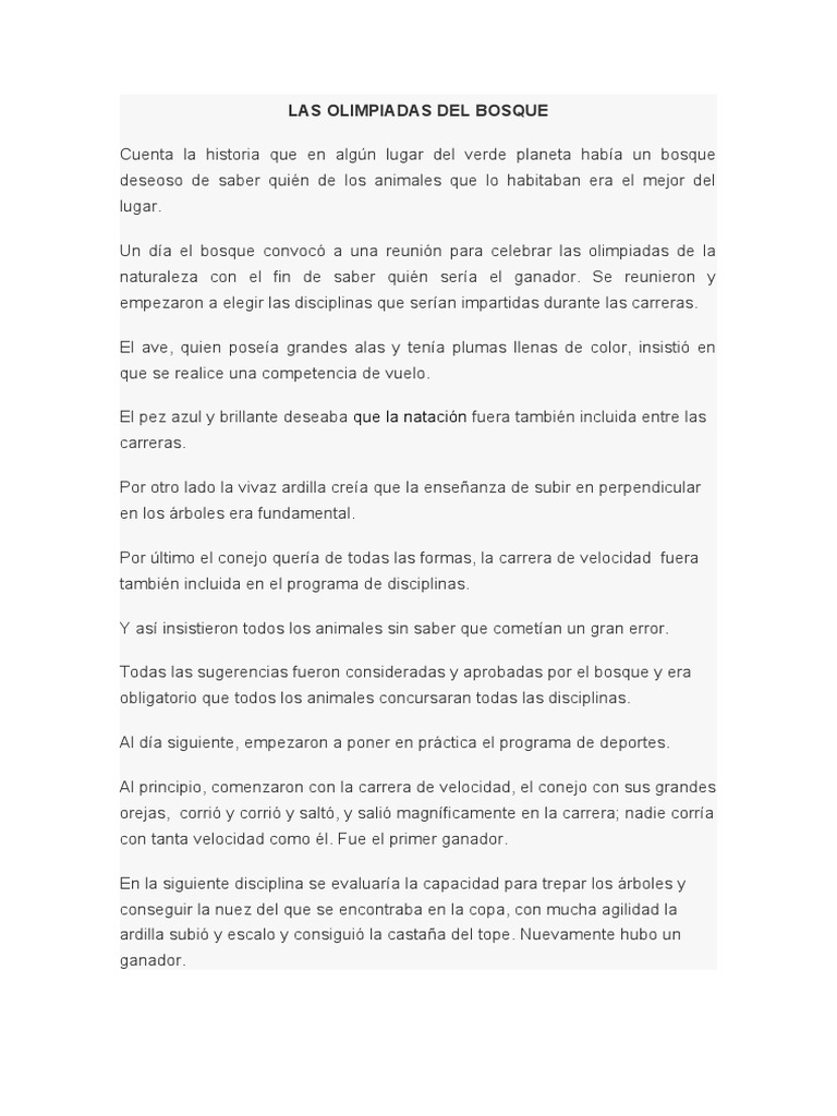 Cuento Olimpiadas Del Bosque | PDF | Hogar, jardinería y bricolaje