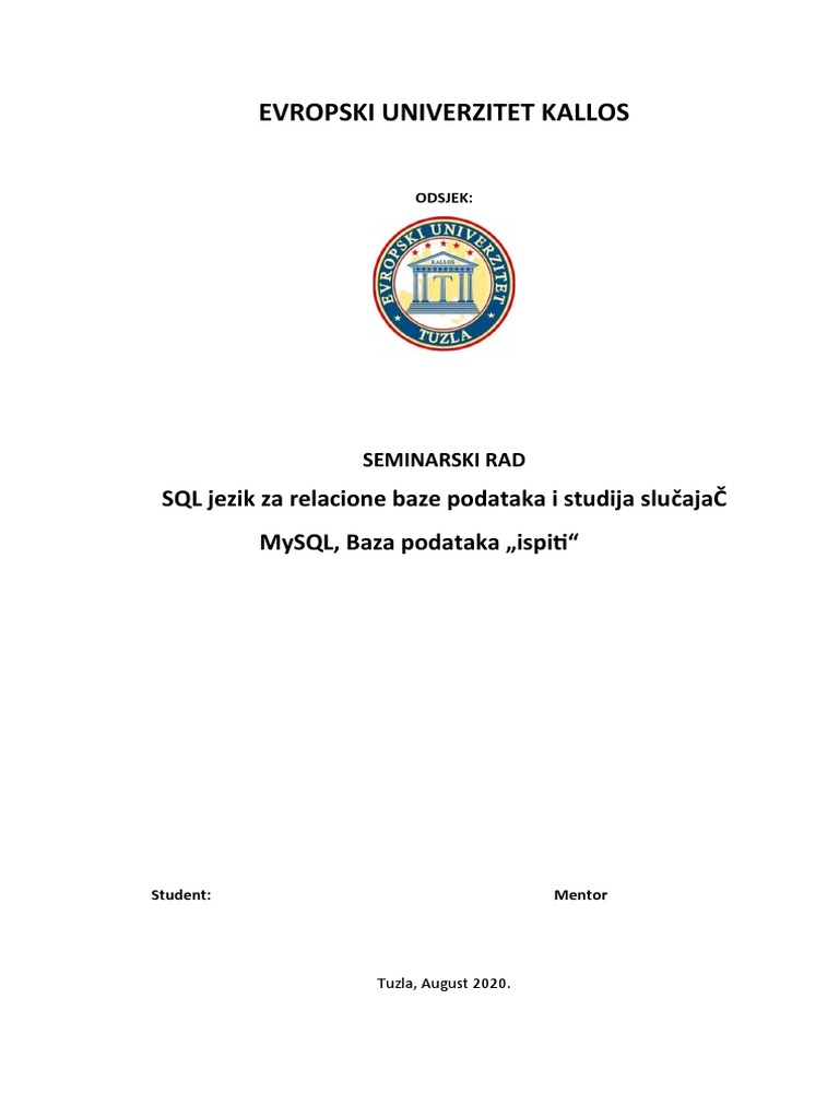 Evropski Univerzitet Kallos: SQL Jezik Za Relacione Baze Podataka I ...