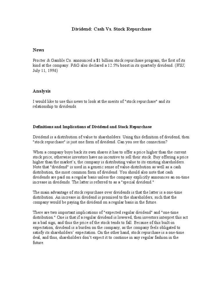 Dividend Cash Vs Stock Repurchase Pdf Share Repurchase Dividend