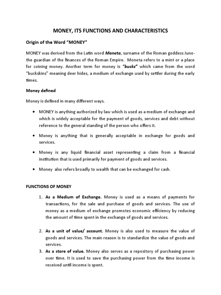 Money, Its Functions and Characteristics: Origin of The Word "MONEY ...