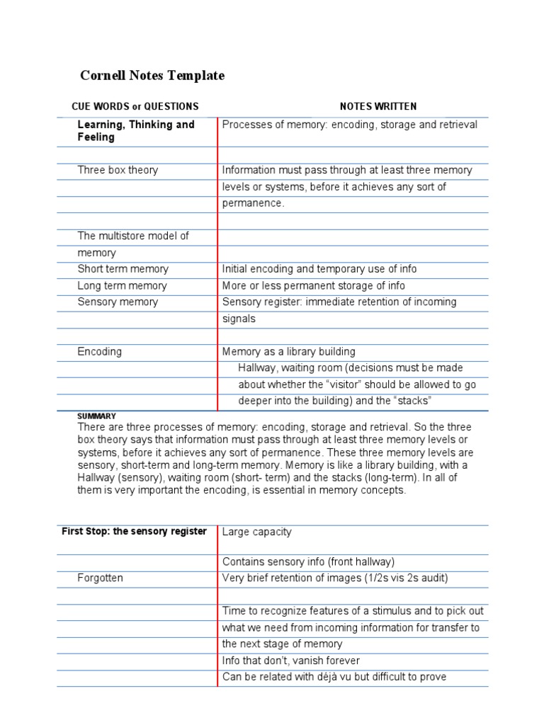 Cornell Notes Template - Memory Summary Homework | PDF | Memory | Long ...