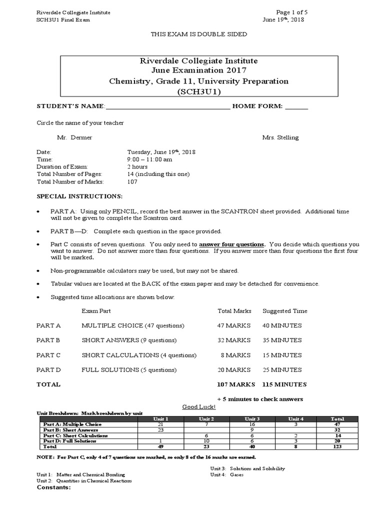 SCH3U June 2018 Exam REVIEW | PDF | Ionic Bonding | Chemistry