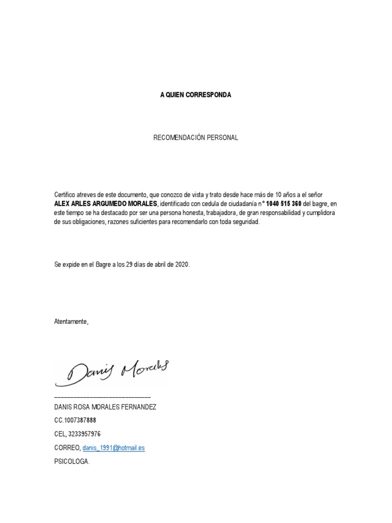 Recomendación de Alex Arles Argumedo | PDF
