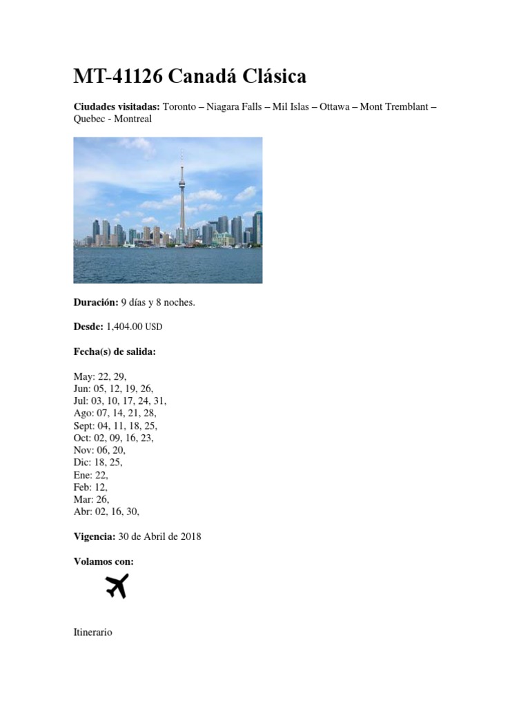 Tour de 9 días por Canadá Clásica | PDF | Toronto | Montreal