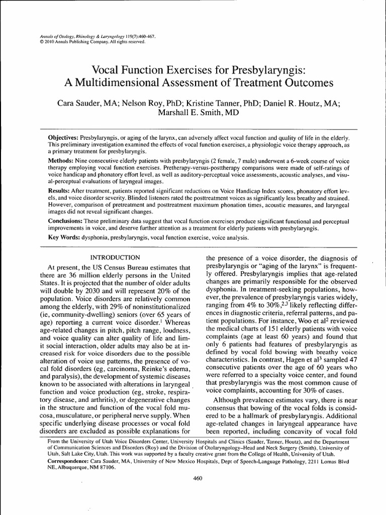 Vocal Function Exercises For Presbylaryn PDF | PDF | Human Voice | Science