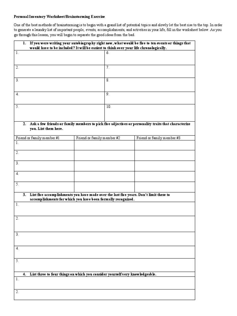 Personal Inventory Worksheet Guide | PDF | Career & Growth