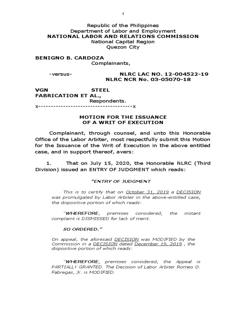 Motion For Writ of Execution CARDOZA | PDF | Common Law | Judiciaries