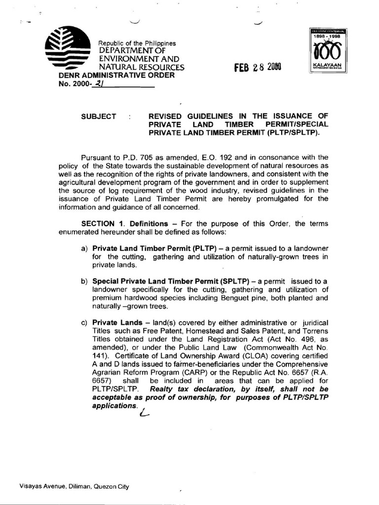 Dao-2000-21 Guidelines On The Issuance of Private Land Timber Permit ...