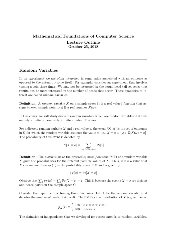 Mathematical Foundations of Computer Science Lecture Outline | PDF | Random Variable | Expected ...