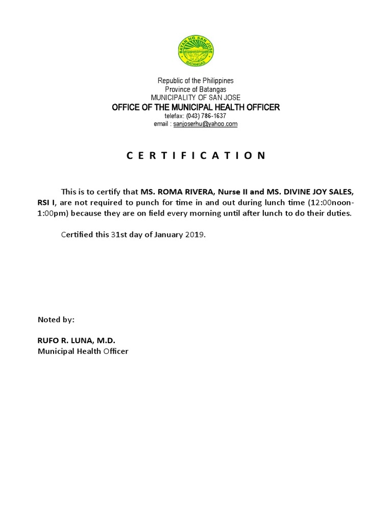 CERT of No Time in and Out | PDF | Health Care | Health Sciences