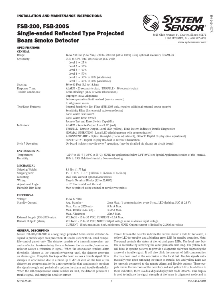 FSB-200, FSB-200S Single-Ended Reflected Type Projected Beam Smoke ...