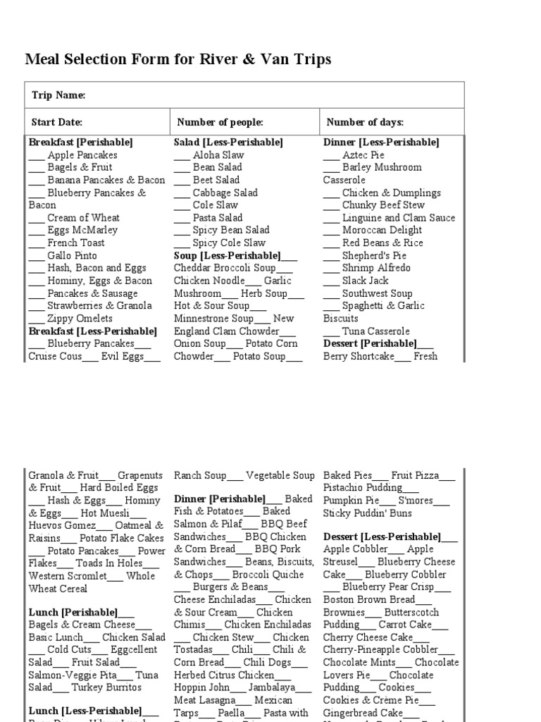 Meal Selection Form For River | Download Free PDF | Salad | Pancake