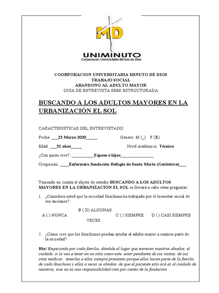 Guia de Entrevista Semi Estructurada Realizada | PDF | Vejez | Adultos