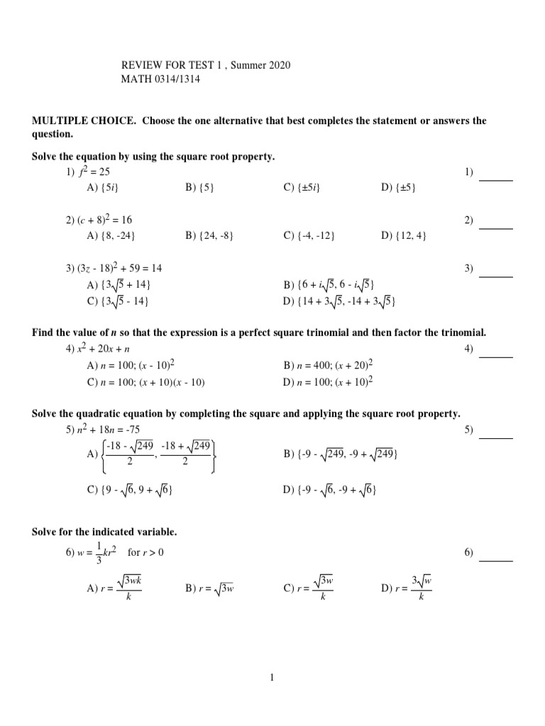 Test 1 Review 0314-1314 Summer2020 | PDF | Inequality (Mathematics ...