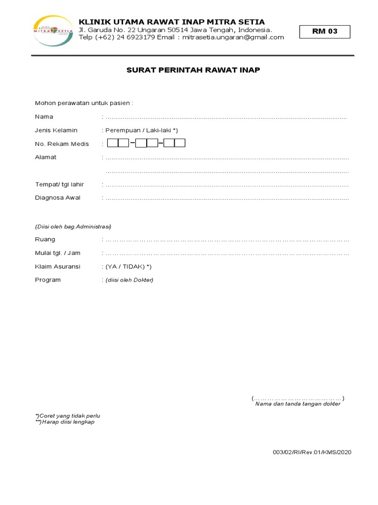 Form RM 03 Ri-Surat Perintah Rawat Inap | PDF