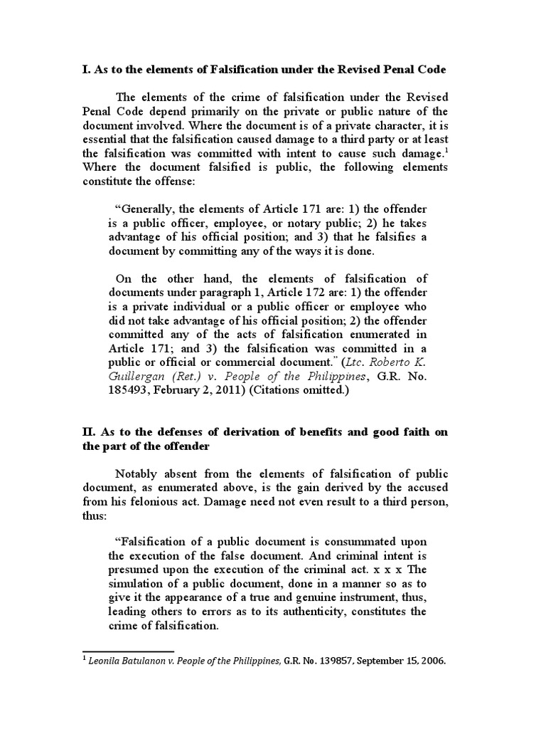 I. As To The Elements of Falsification Under The Revised Penal Code ...