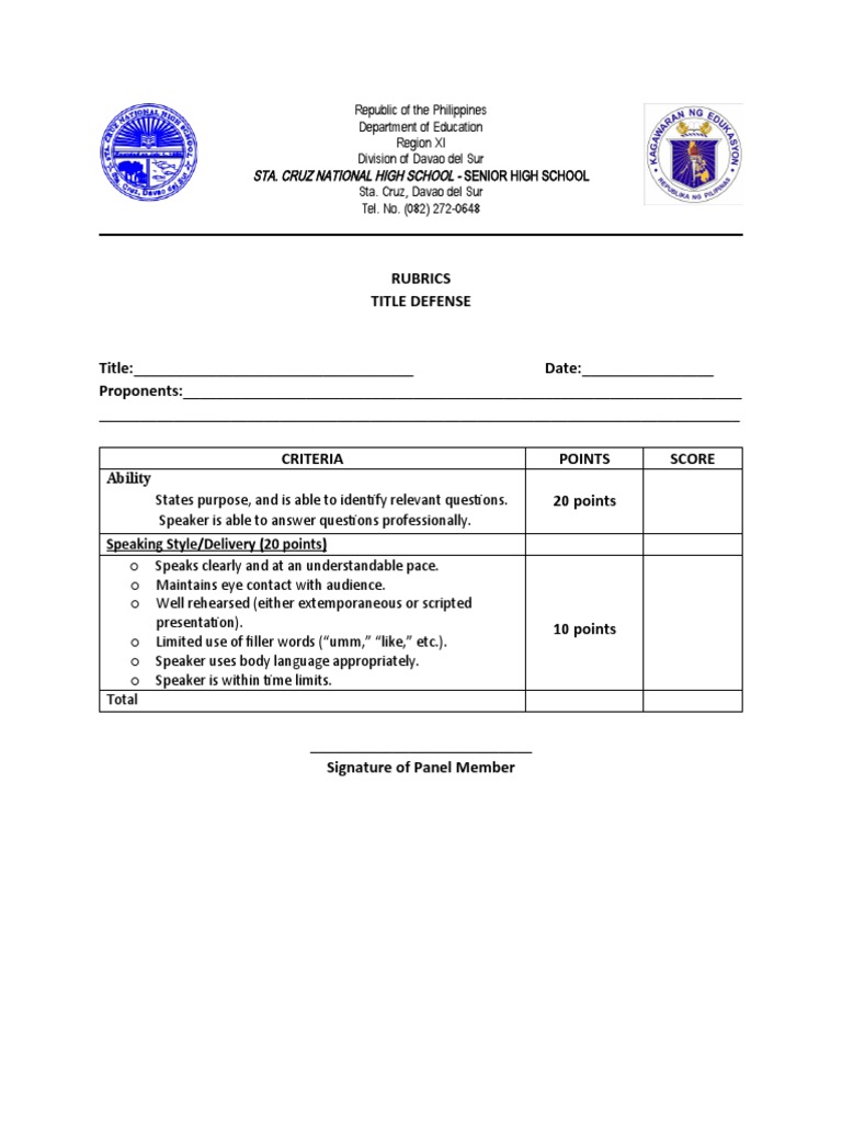 Title Defense Rubric for Students | PDF