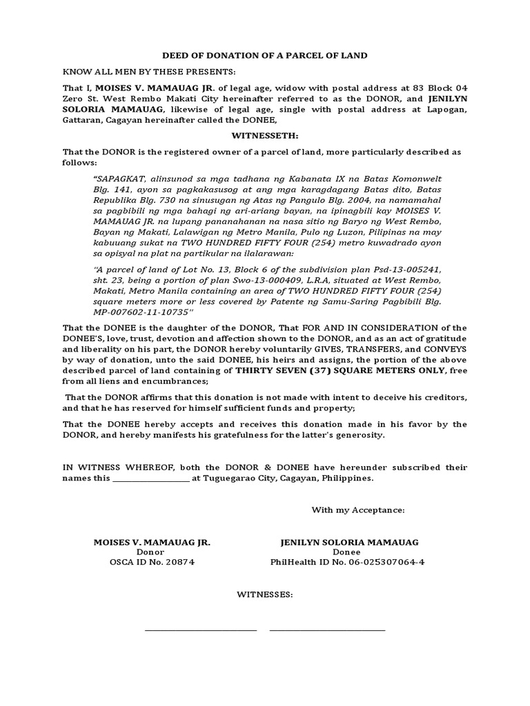 Deed of Donation of A Parcel of Land | PDF | Civil Law (Common Law ...