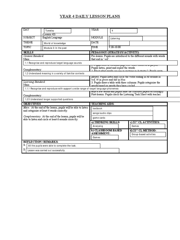 Year 4 Daily Lesson Plans: Skills Pedagogy (Strategy/Activity) | PDF ...