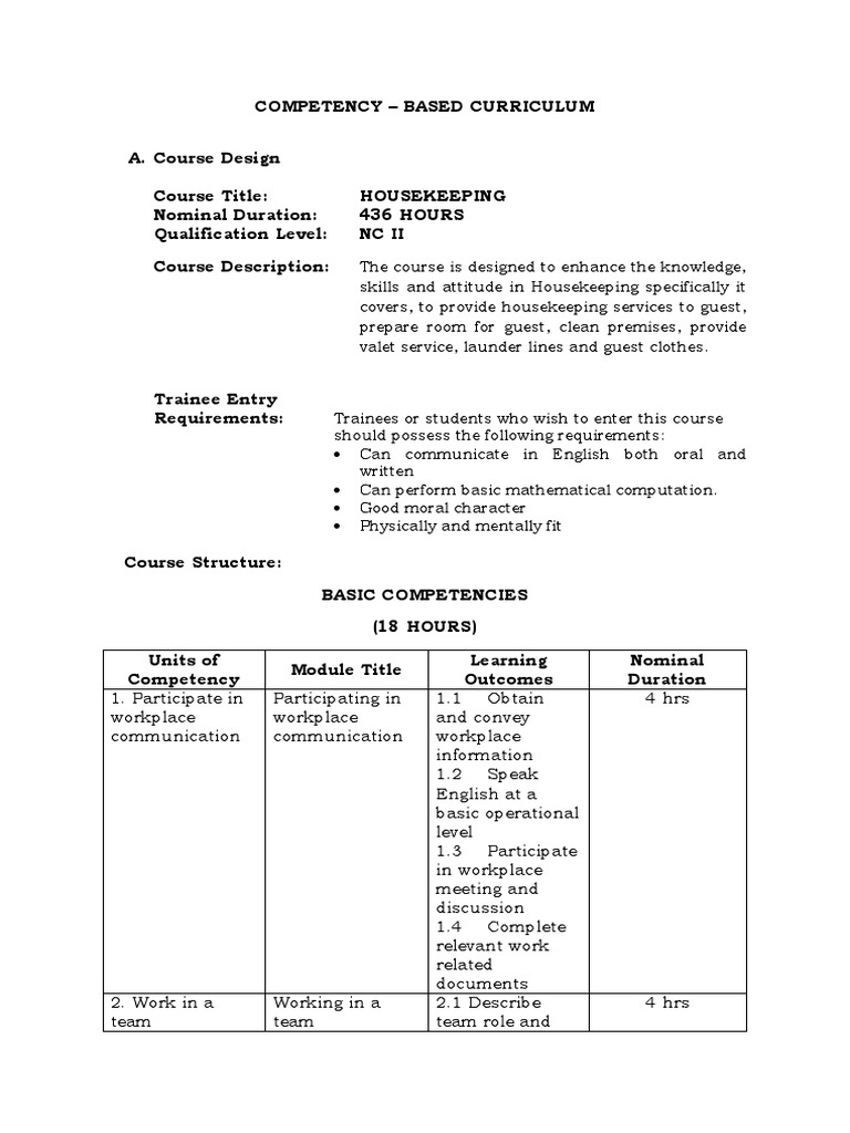 Housekeeping NC II Curriculum Overview | PDF | Laundry | Occupational ...