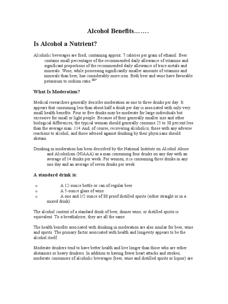 Benefits of Moderate Alcohol Consumption | PDF | Alcoholic Drinks ...