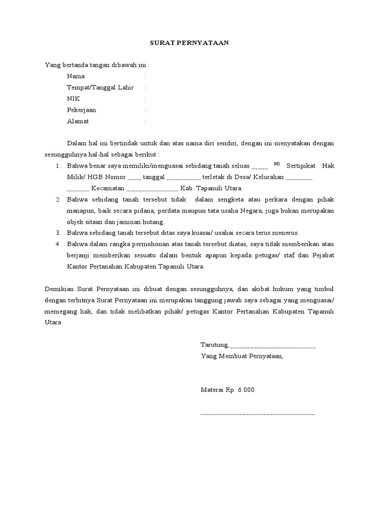Surat Pernyataan Kepemilikan Sertifikat Hak Milik Tanah | PDF