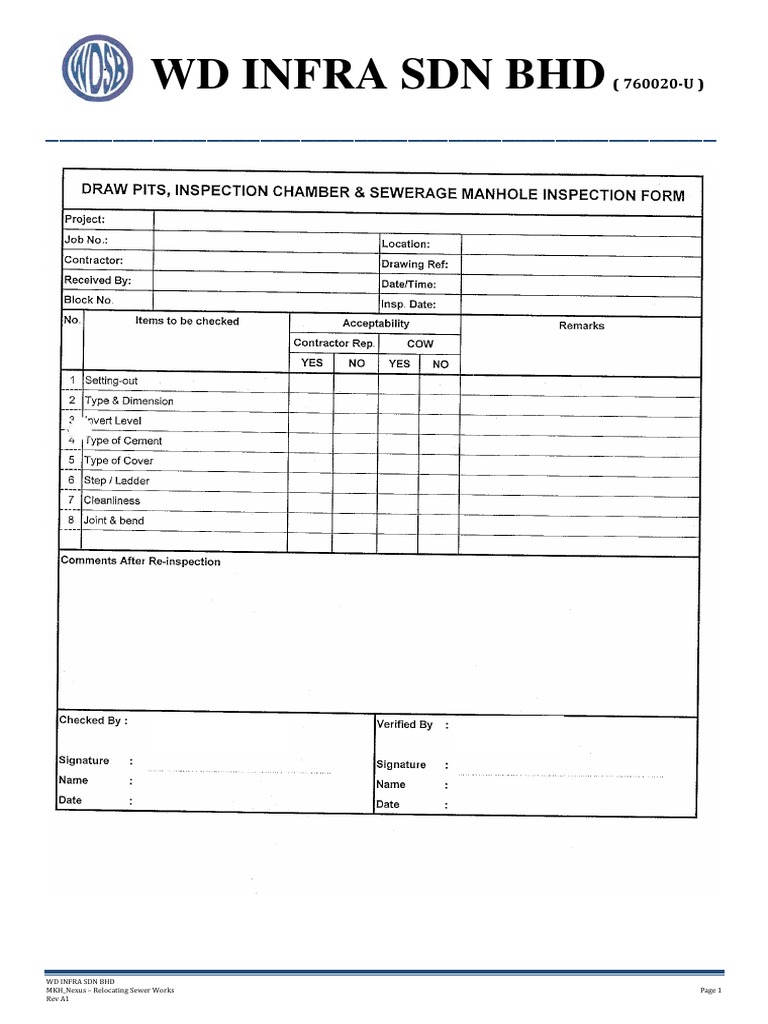 Draw Pits, Inspection Chamber & Sewerage Manhole Inspection Form | PDF
