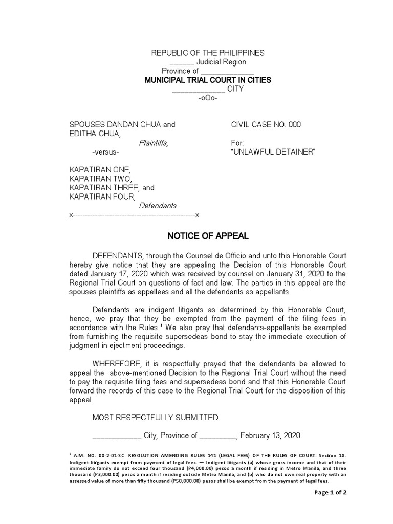 Notice of Appeal | PDF | Supersedeas Bond | Lawsuit