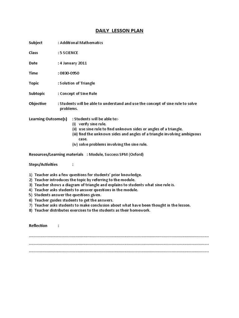 Daily Lesson Plan: Subject Class Date Time Topic Subtopic Objective ...