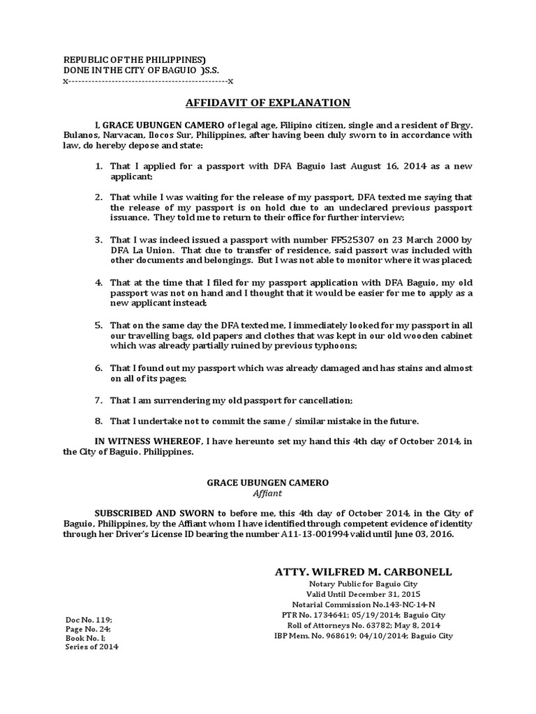 Affidavit of Explanation | PDF | Affidavit | Passport