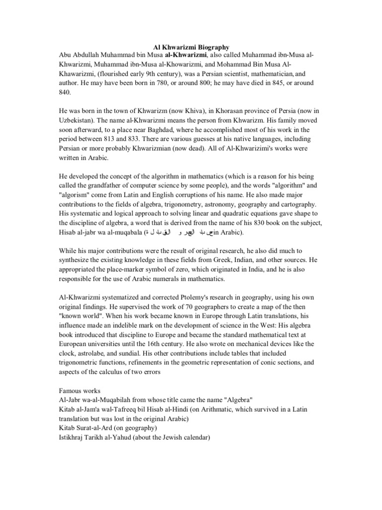 Al Khwarizmi Biography | PDF | Teaching Mathematics | Science