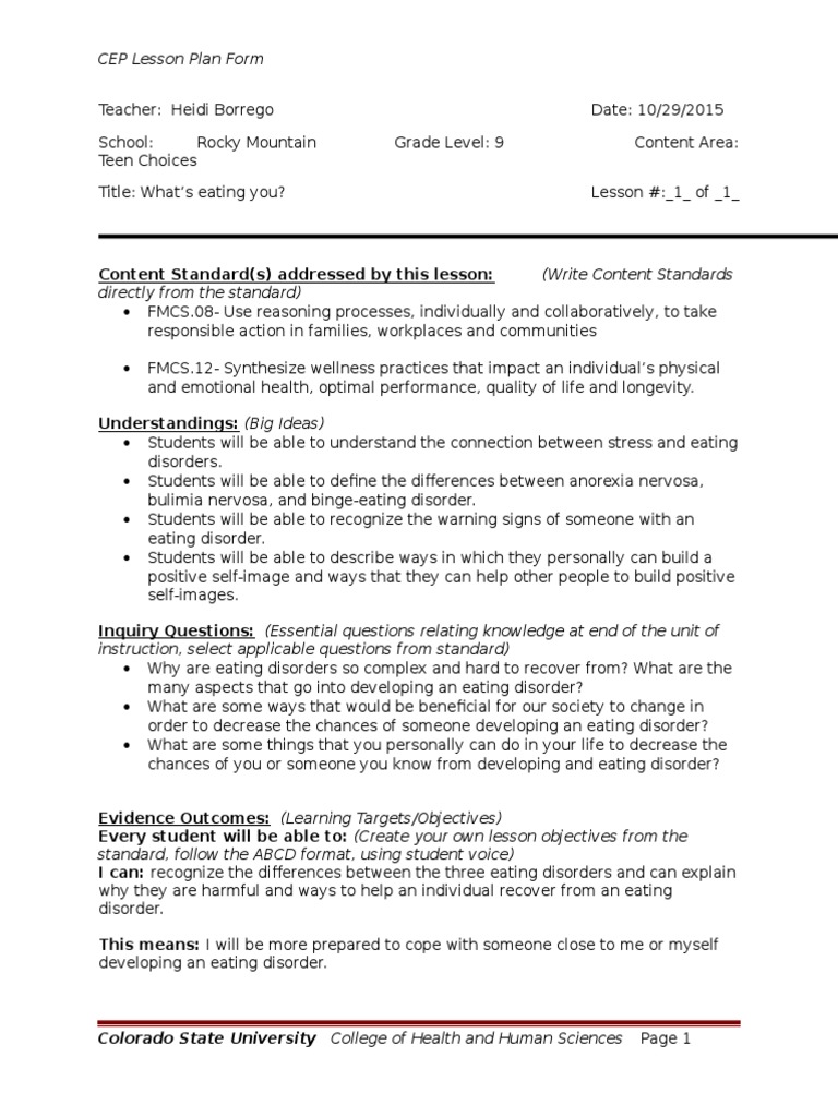 CEP Lesson Plan Form: Colorado State University College of Health and ...