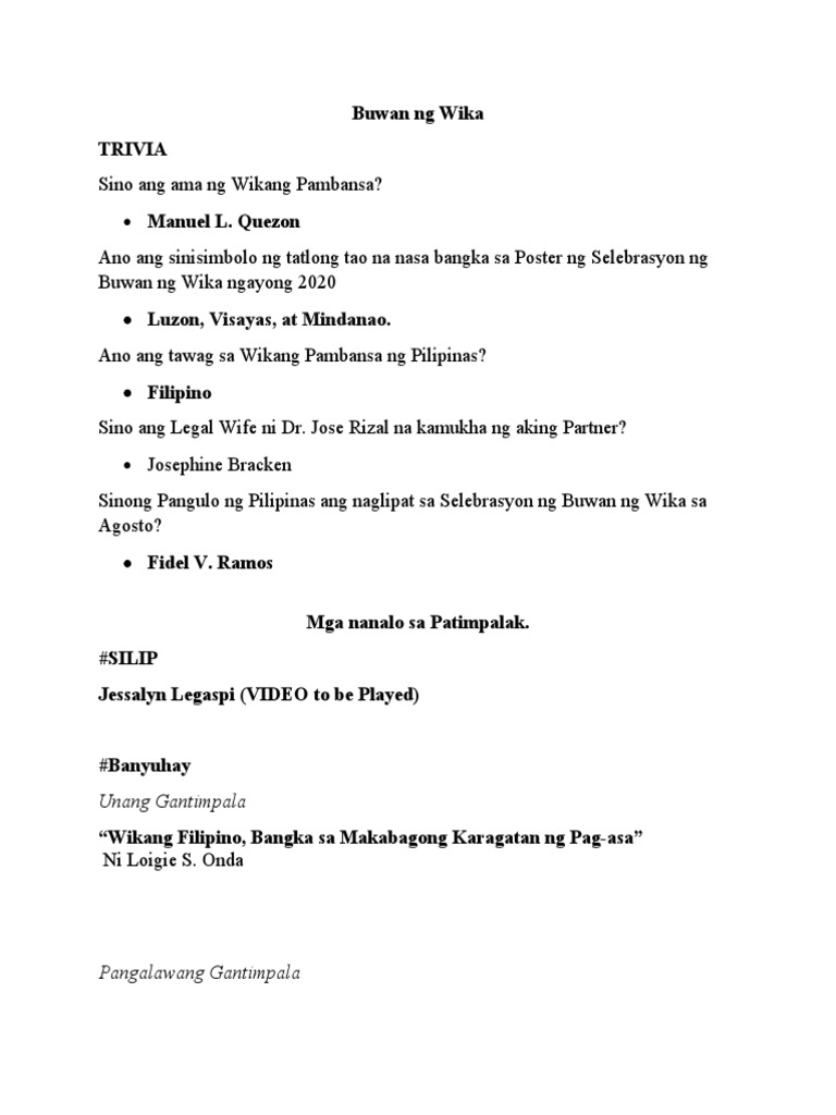 Buwan NG Wika Trivia: Luzon, Visayas, at Mindanao | PDF