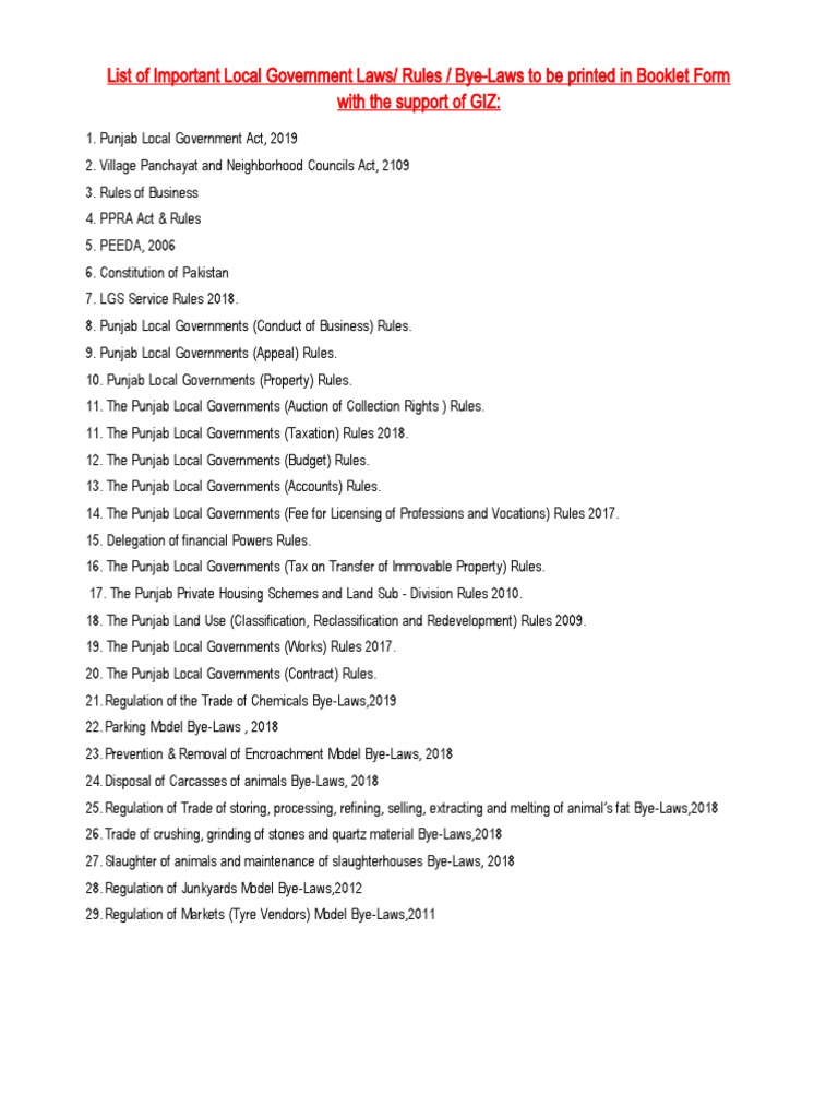 List of Important Local Government Laws/ Rules / Bye-Laws To Be Printed ...