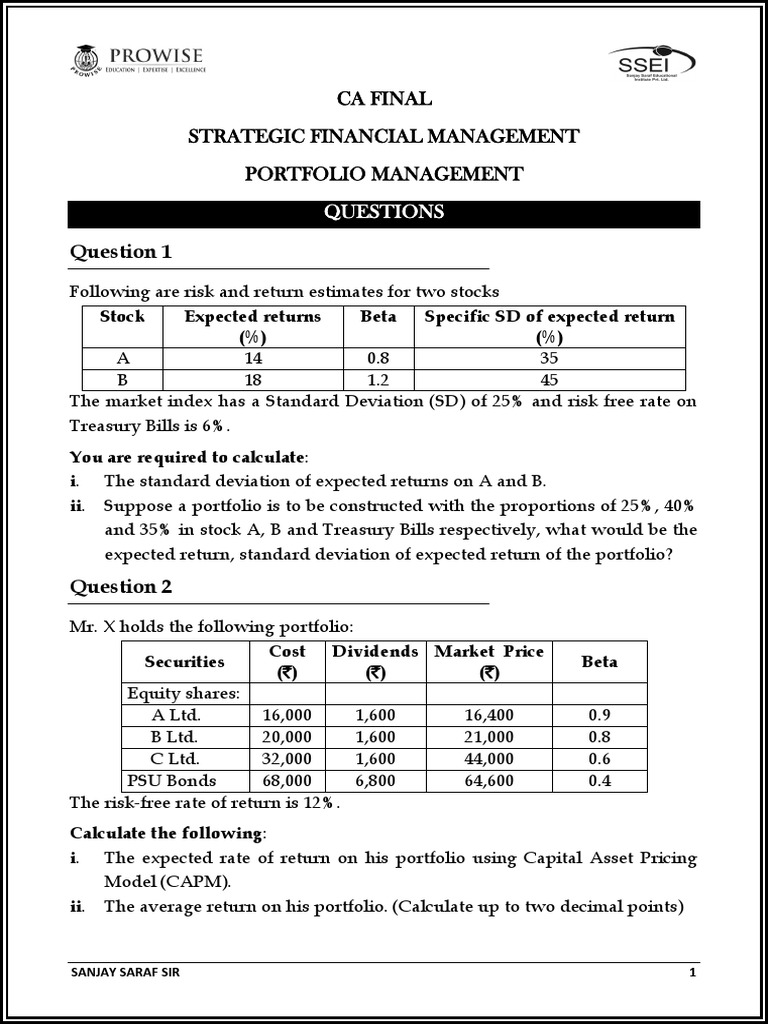 Portfolio Management Exam Questions | PDF | Beta (Finance) | Equity ...