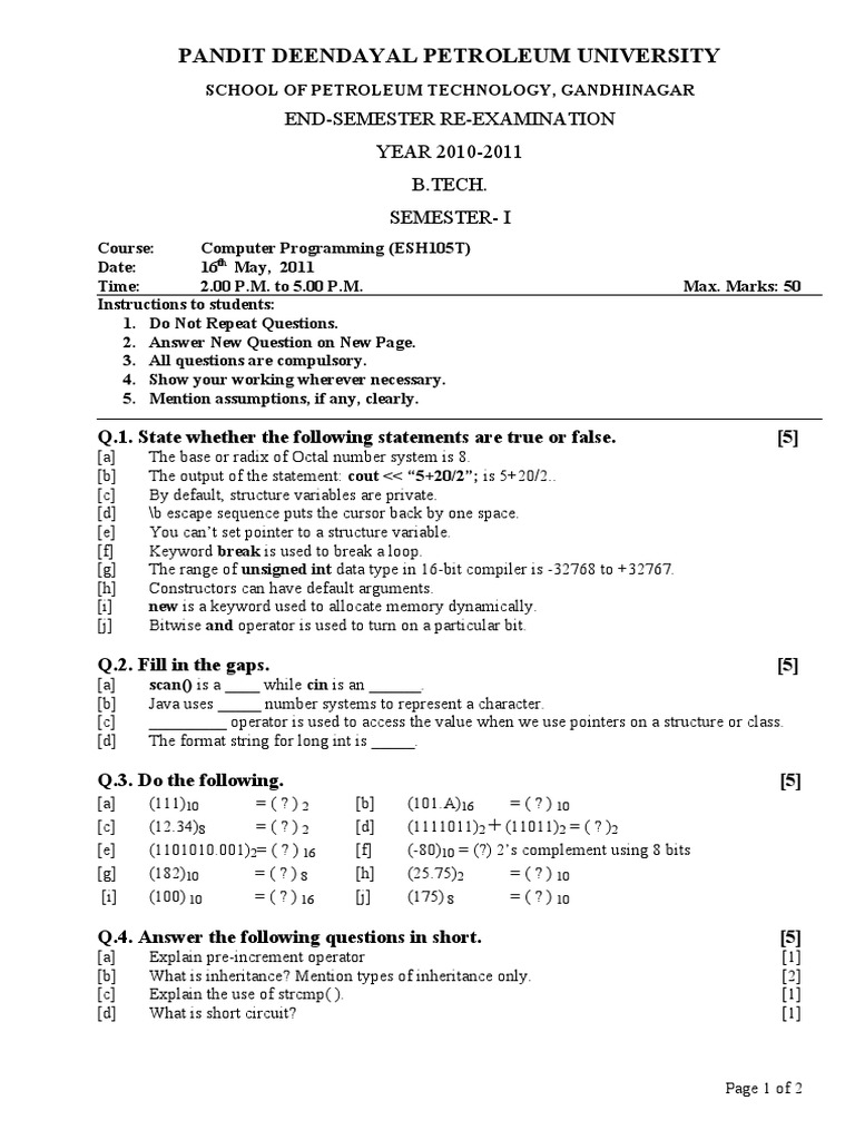 Pandit Deendayal Petroleum University: End-Semester Re-Examination YEAR 2010-2011 B.Tech ...